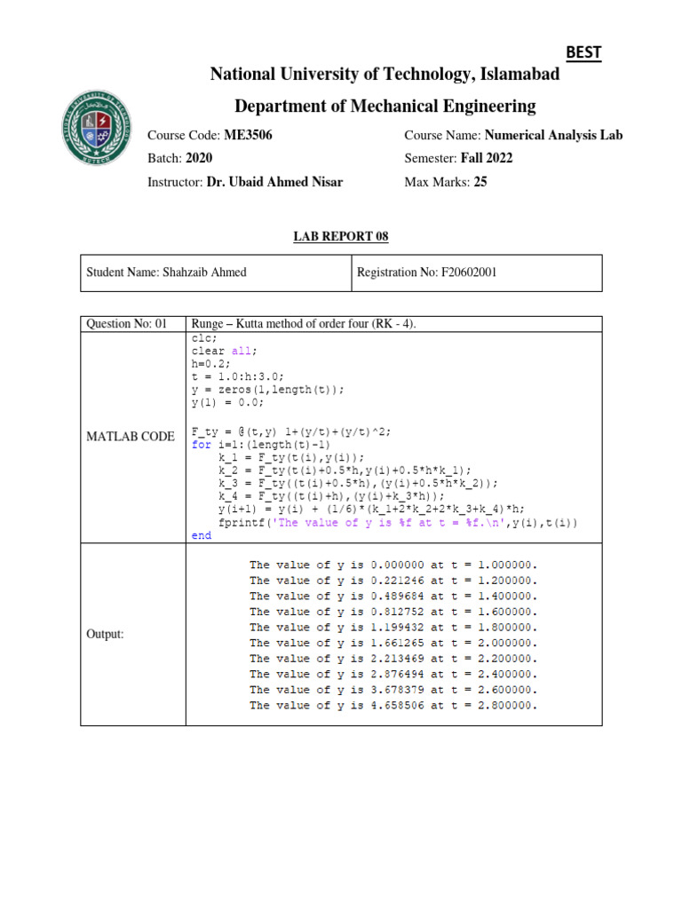 Experiment 8 - Runge - Kutta Method of Order Four (RK - 4) | PDF