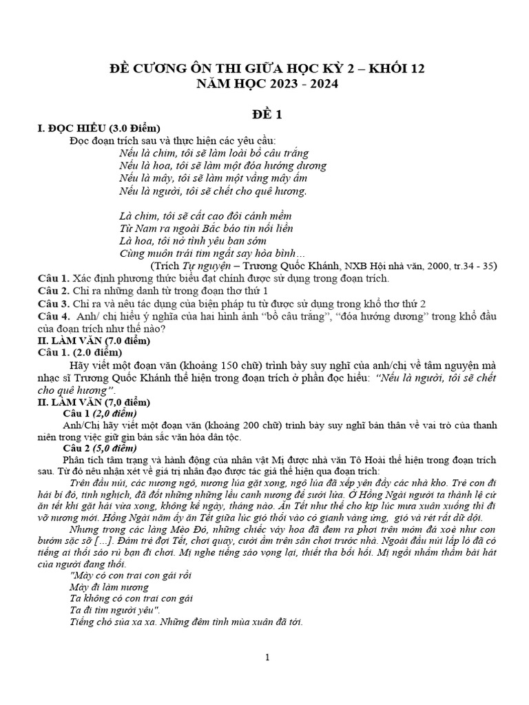 De - Da On Thi Giua HK2 | PDF