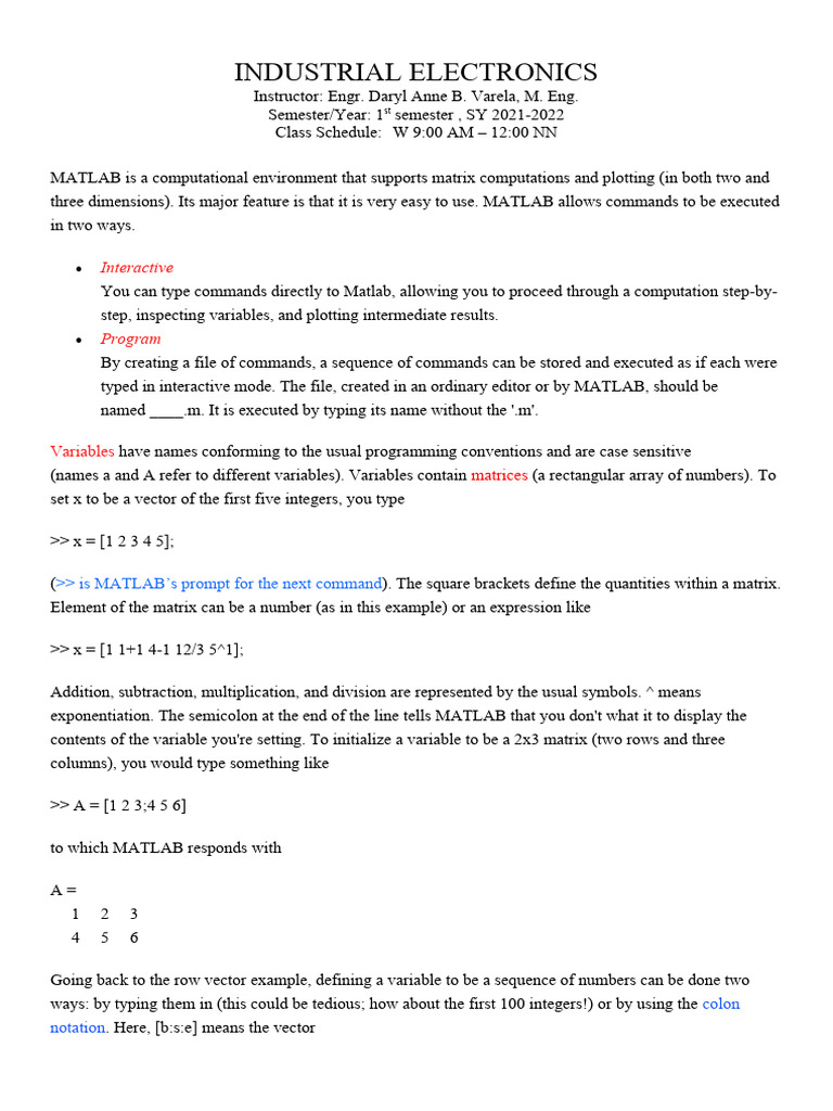 Matlab Introduction - 09222021 | PDF | Matrix (Mathematics) | Logarithm