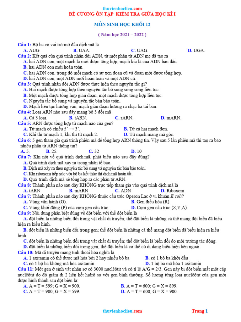 De Cuong On Tap Sinh Hoc 12 Giua HK1 | PDF