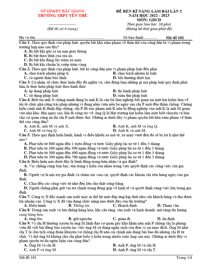 De Thi Thu GDCD 2023 Truong THPT Yen The MD 101 | PDF