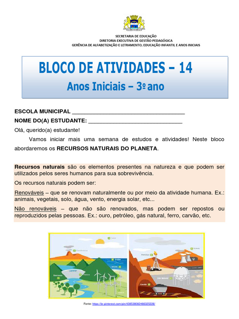Bloco de Atividades 14 - 3º Ano - Recurso Natural | PDF | Plantas | Natureza