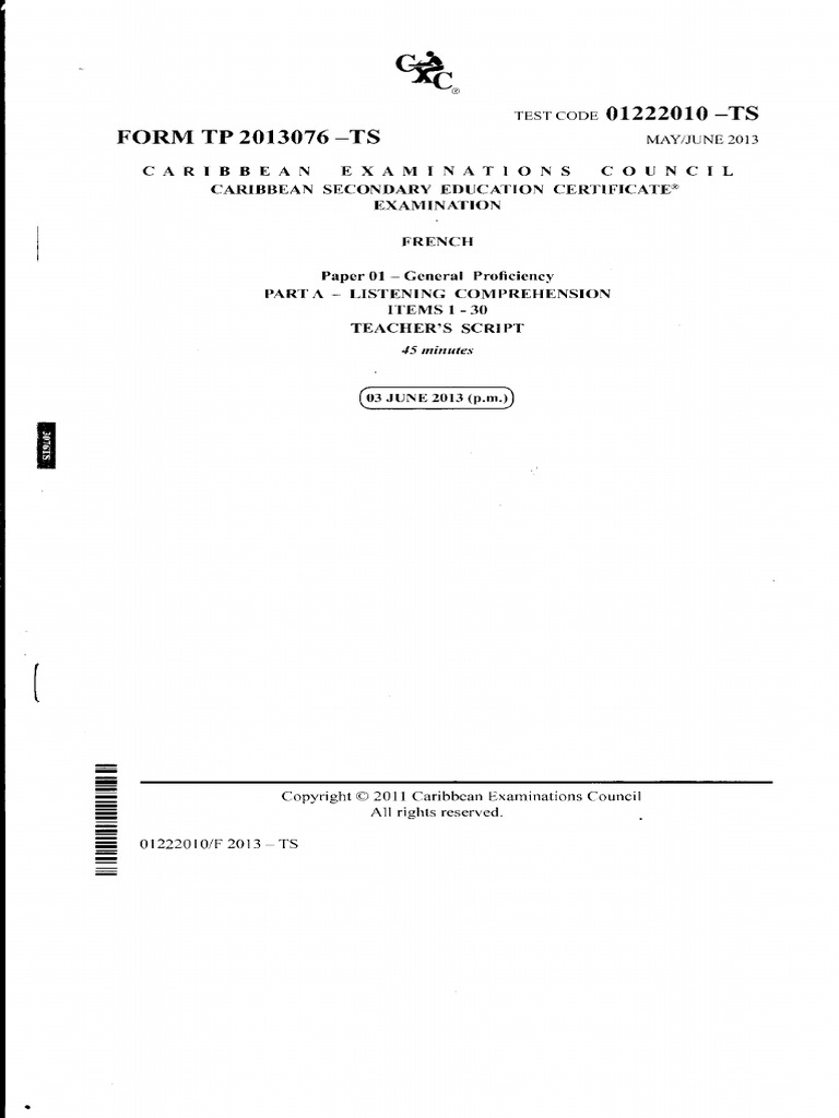 CSEC French 2013 Paper 1 | PDF