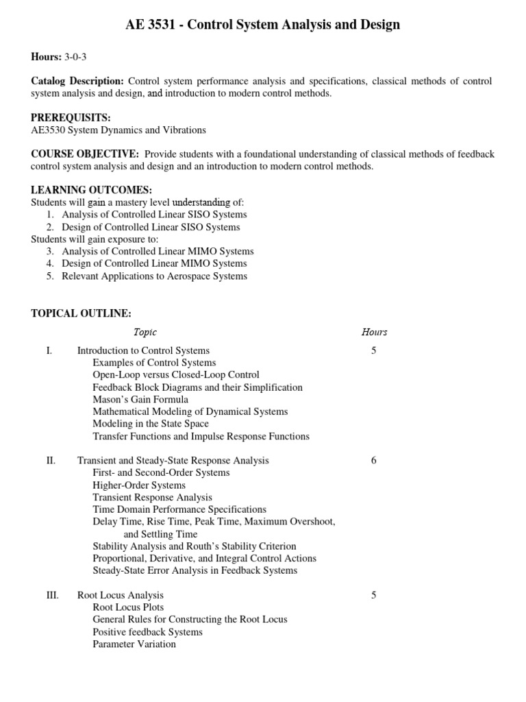 syll-ae3531 | PDF | Control Theory | Applied Mathematics
