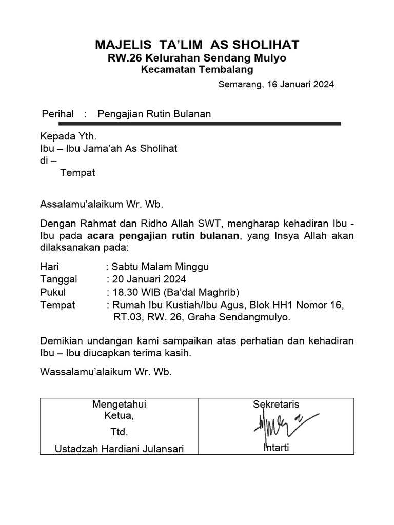 Undangan Pengajian Bulanan As Sholihat | PDF