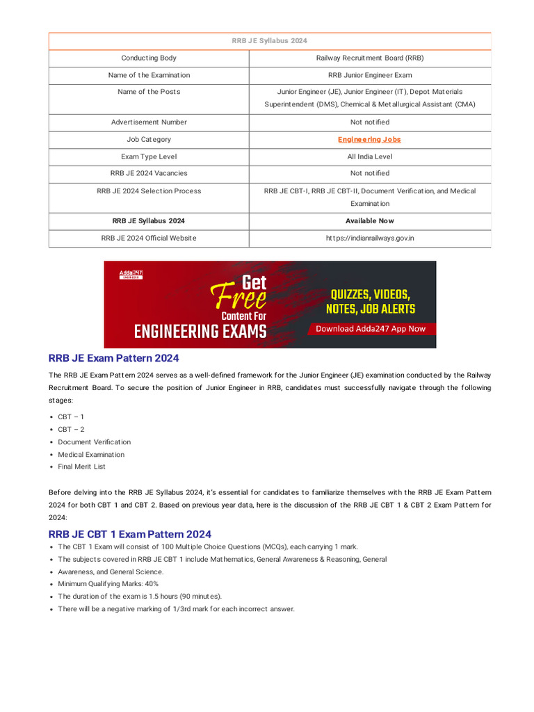RRB JE Syllabus 2024, Exam Pattern For CBT 1 and CBT 2 Exam | PDF | Chemical Bond | Chemical ...