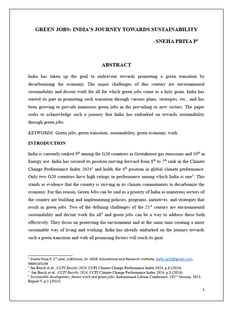 INDIA'S JOURNEY TOWARDS SUSTAINABILITY by SNEHA PRIYA P | Download Free PDF | Green Job ...