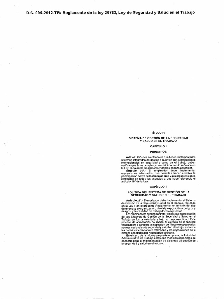 D.S. 005-2012-TR: Reglamento de La Ley 29783, Ley de Seguridad y Saíud ...