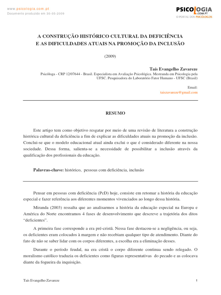 A Construção Histórico Cultural Da Deficiência e As Dificuldades Atuais ...