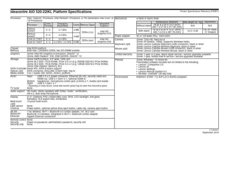 ideacentre_AIO_520_22IKL_Spec | PDF | Solid State Drive | Computer Hardware