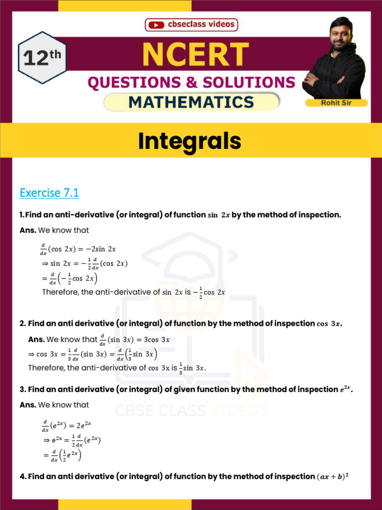 Chapter 7 INTEGRALS - 67b95cbd 577d 473b 93d8 07ae5f51bd94 | PDF | Mathematical Relations ...