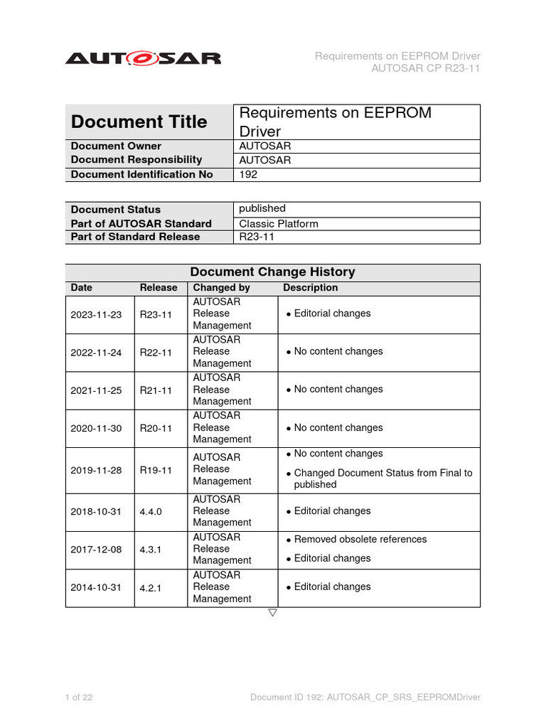 AUTOSAR CP SRS EEPROMDriver | PDF | Microcontroller | Computer Memory
