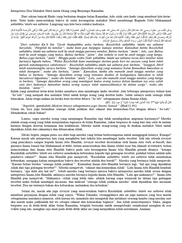 Interpretasi Doa Malaikat Jibril Untuk Orang Yang Berjumpa Ramadan | PDF