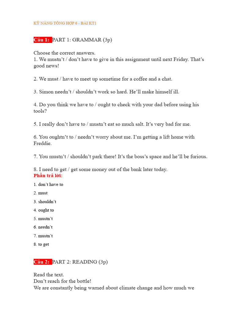 Phần trả lời:: Kỹ Năng Tổng Hợp 6 - Bài Kt1 | PDF | Climate Change | Earth