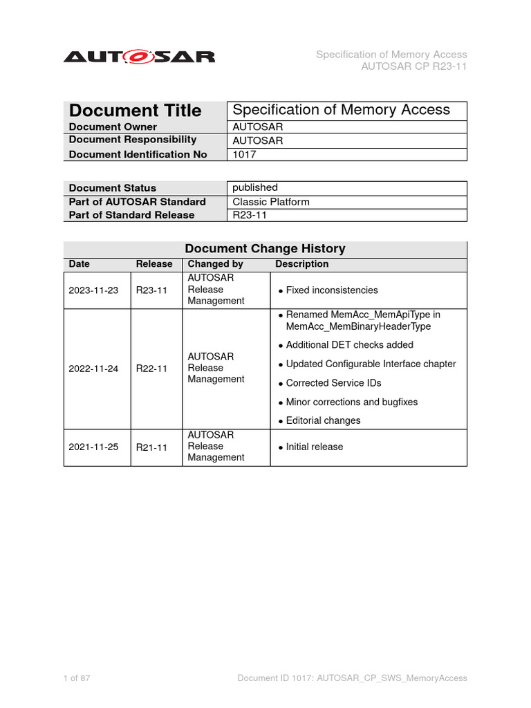 AUTOSAR CP SWS MemoryAccess | PDF | Flash Memory | Device Driver