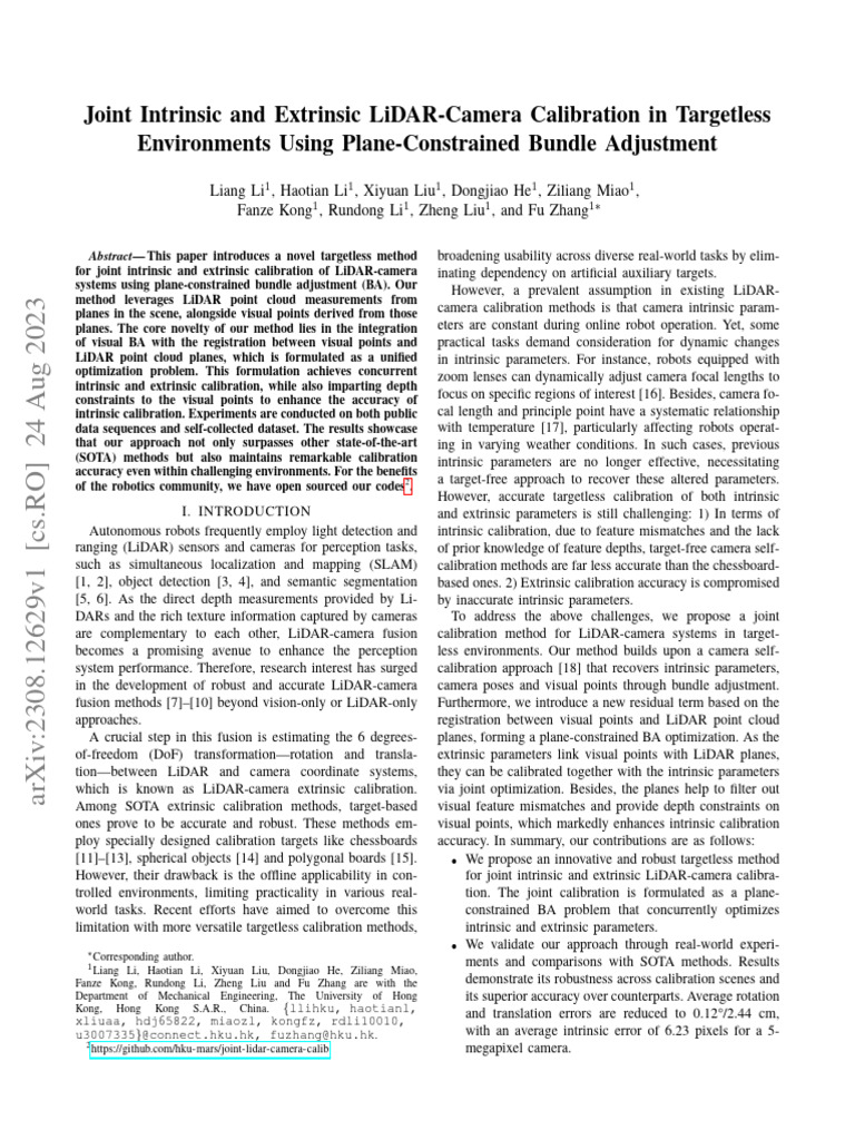Joint Intrinsic and Extrinsic LiDAR-Camera Calibration in Targetless | PDF | Lidar