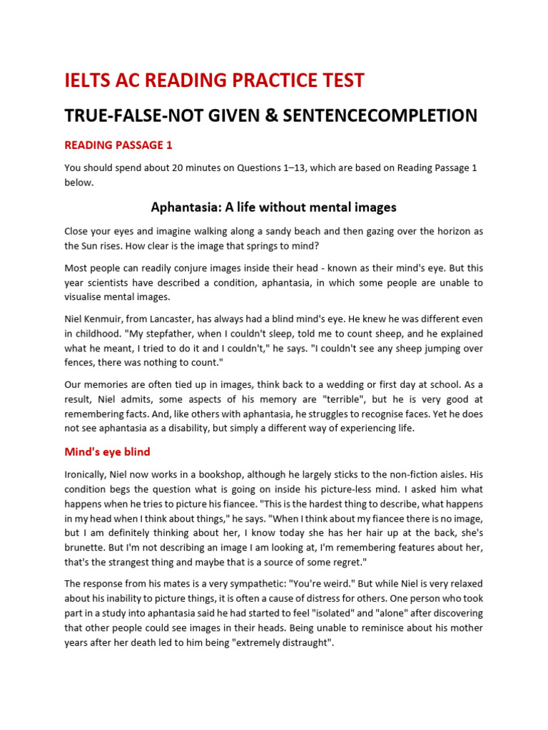 Ielta Ac Reading - T-F-NG - Sentence Completion-2 | PDF | Mental Image ...