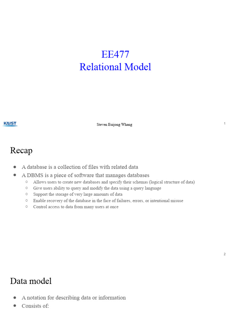 EE477 Lecture 2_ Relational Model | PDF | Relational Database | Relational Model