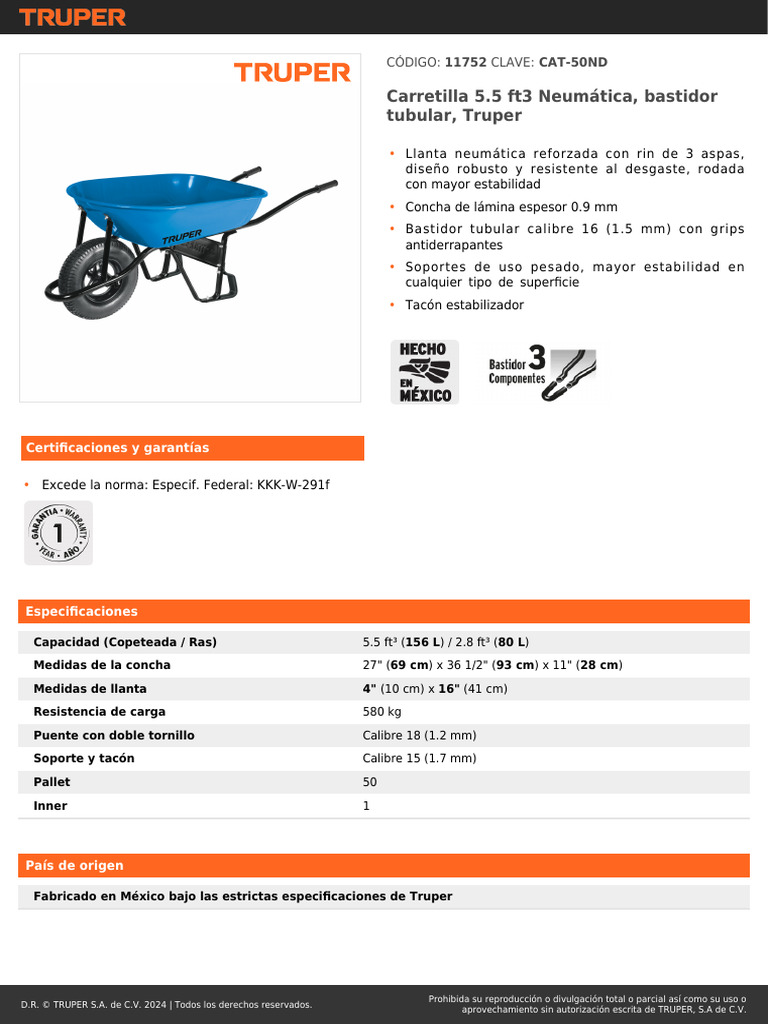 Carretilla 5.5 ft3 Neumática, Bastidor Tubular, Truper: CÓDIGO: 11752 ...