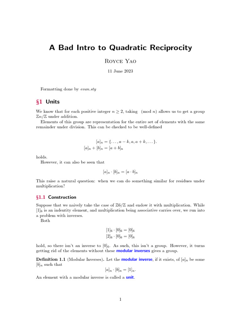 Quadratic Reciprocity Pdf Group Mathematics Prime Number