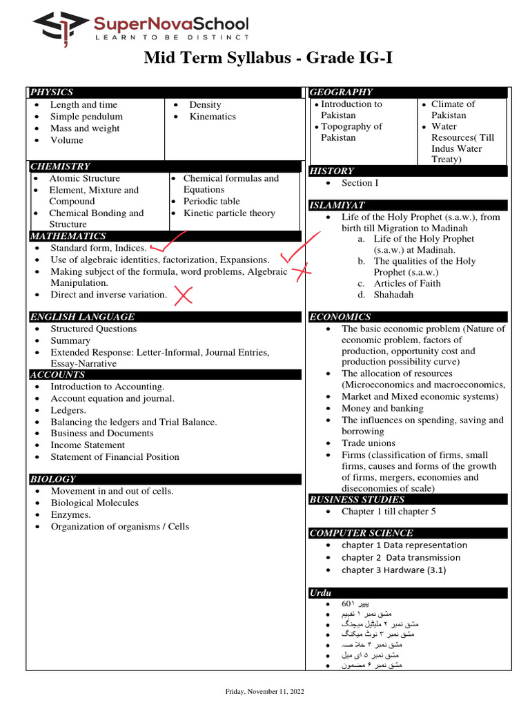 Mid Term Syllabus - Grade IG-I | PDF | Chemistry | Economics