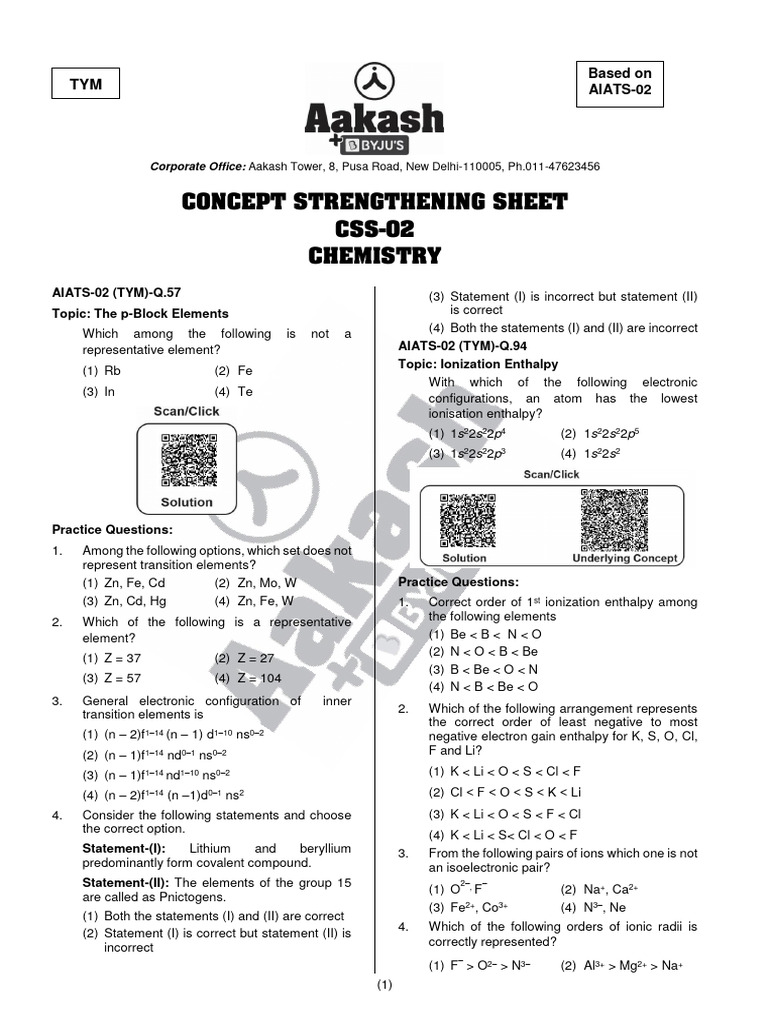 Concept Strengthening Sheet (CSS-02) Based on AIATS-02 TYM Chemistry | PDF | Chemical Bond ...
