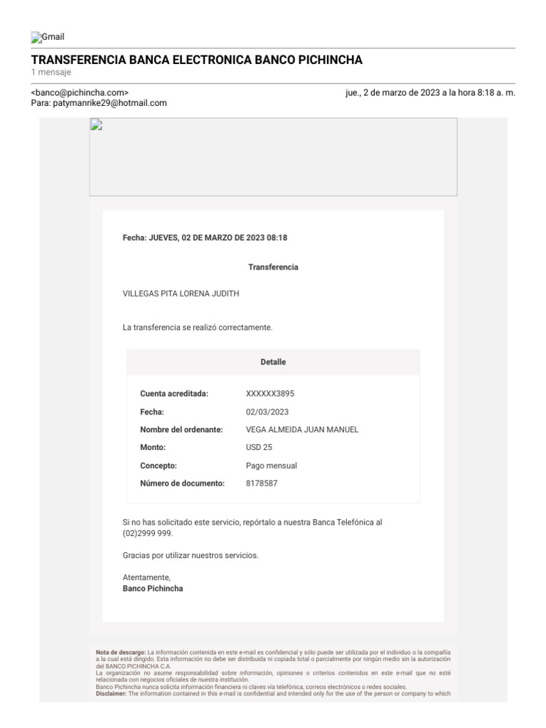 Gmail - TRANSFERENCIA BANCA ELECTRONICA BANCO PICHINCHA | PDF | Bancario | Industrias de servicio