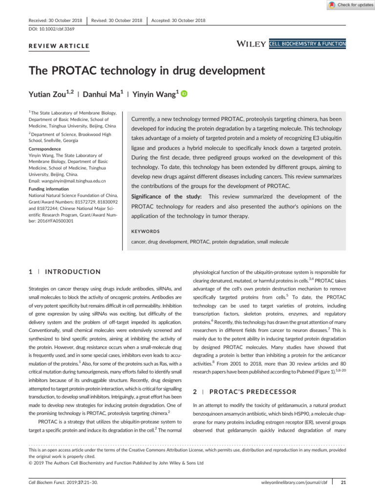 Cell Biochemistry Function - 2019 - Zou - The PROTAC Technology in Drug Development | PDF ...