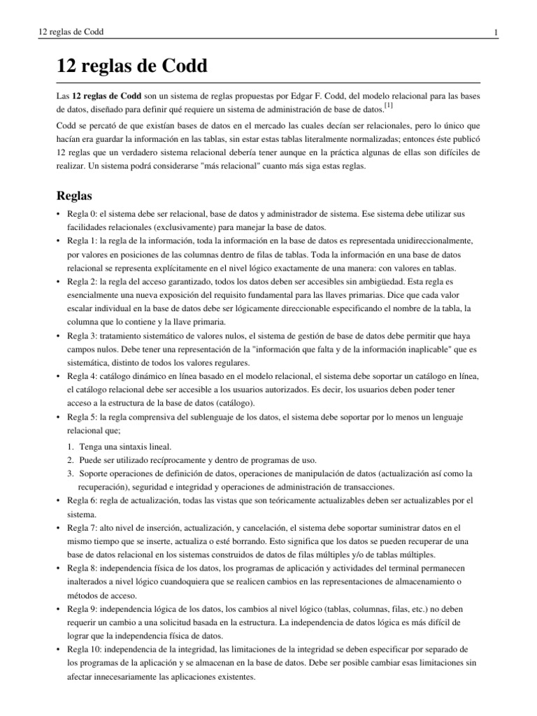 12 Reglas de Codd para Bases de Datos | PDF | Modelo relacional | Bases ...