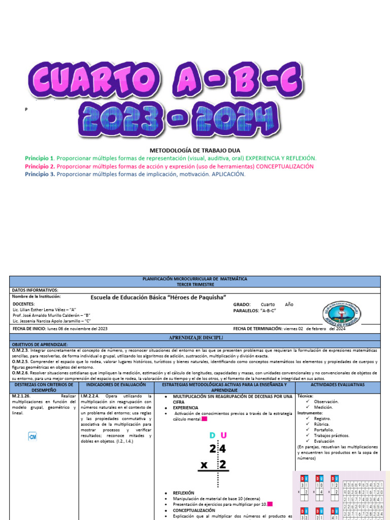 Planificación Matemática 4to Grado T3 | PDF | Multiplicación | Evaluación