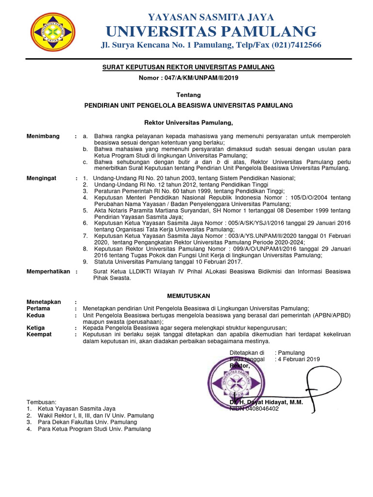 SK Rektor Unit Pengelola Beasiswa | PDF