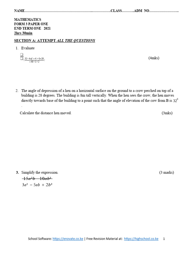 Mathematics PP1 Question Paper Form 3 End Term 1 2023 | Download Free ...