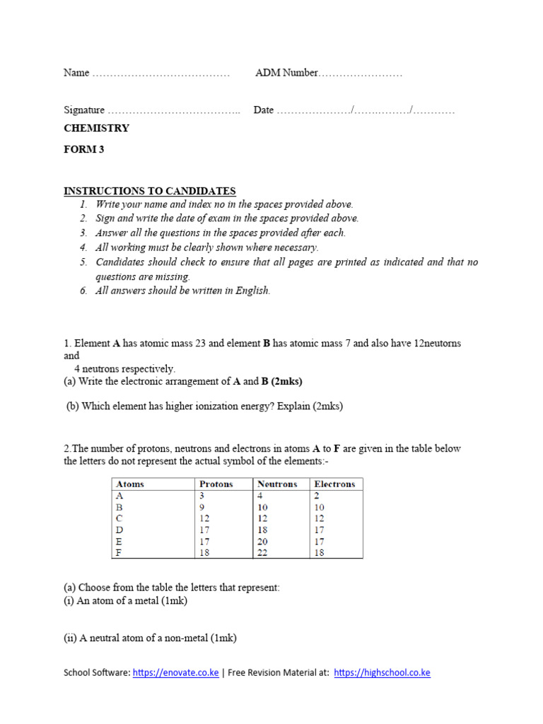 Chemistry f3 Qs Endterm 1 | PDF | Sodium Carbonate | Chemical Elements