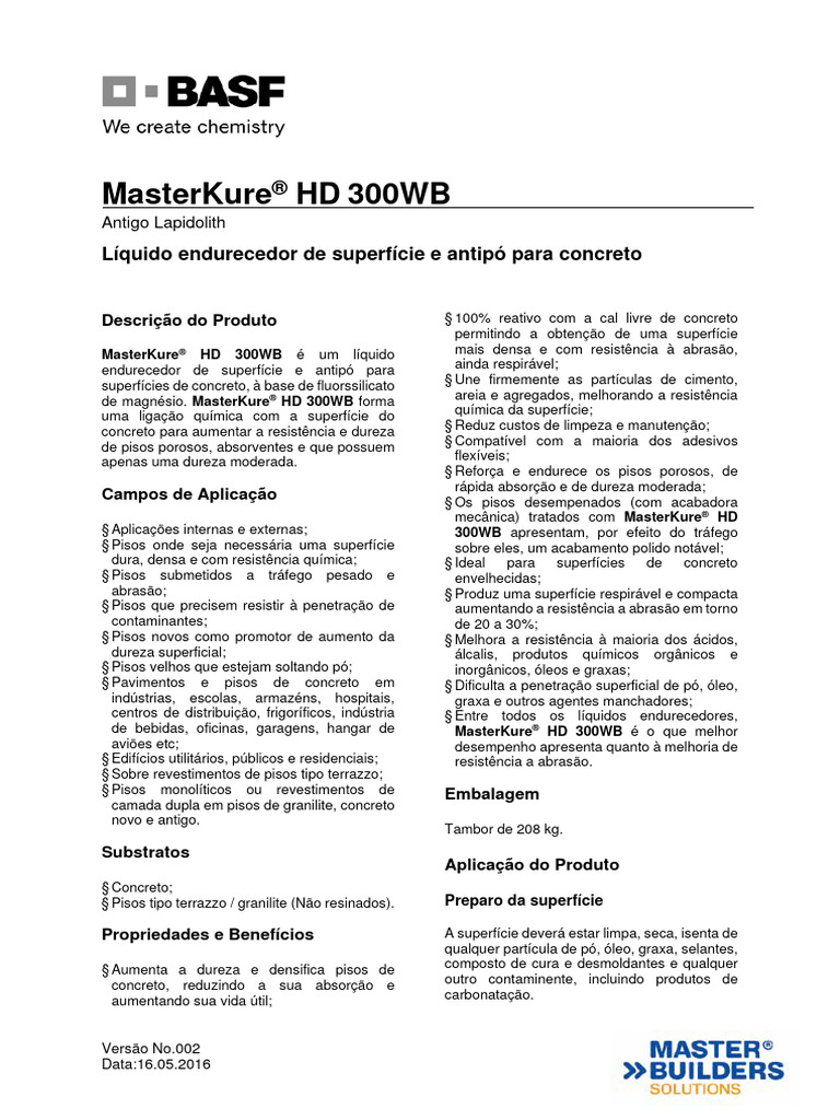 Ficha Tecnica Masterkure-Hd 300wb | PDF | Química | Concreto