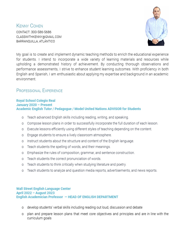 Kenny Cohen Resume 2024 CV New | PDF | Teachers | Lesson Plan