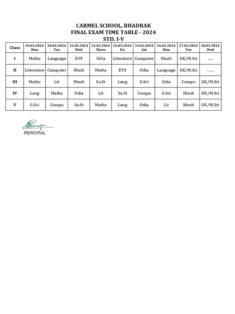 2024 Final Exam Timetable for Grades I-V | PDF