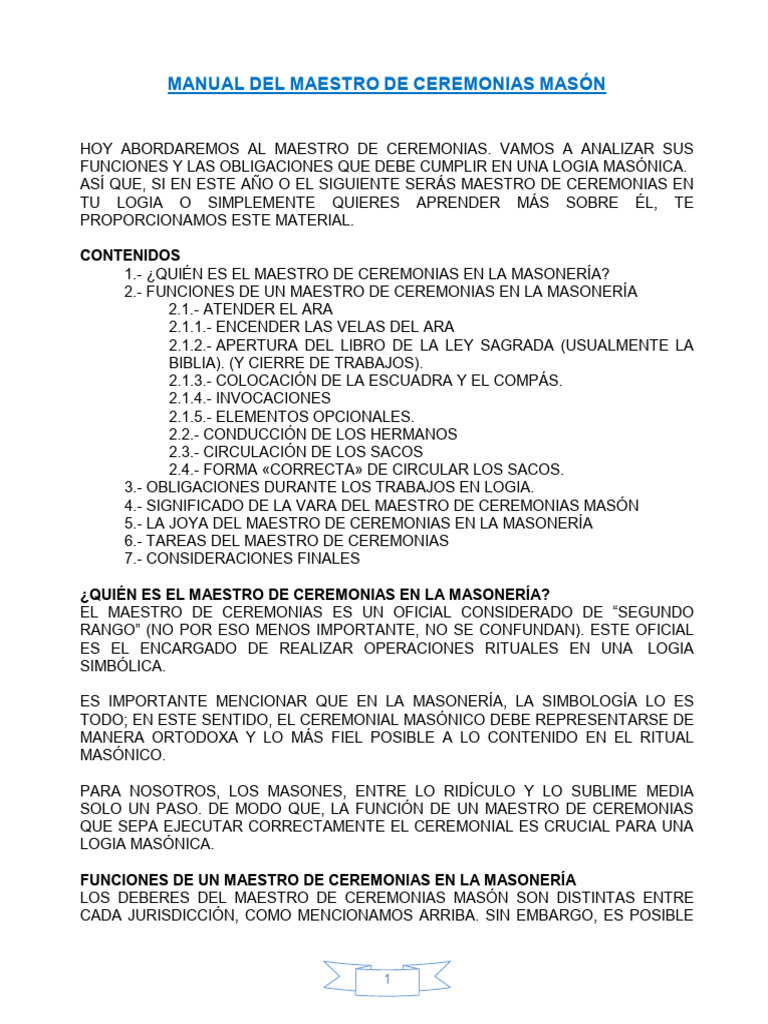 MANUAL Del Maestro de Ceremonias Masón | Descargar gratis PDF | Masonería | Rituales
