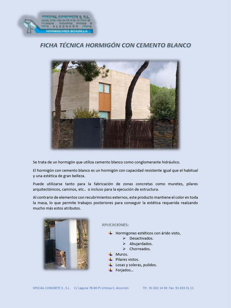 Ficha Tecnica Hormigon Cemento Blanco | Descargar gratis PDF | Hormigón | Materiales de construcción