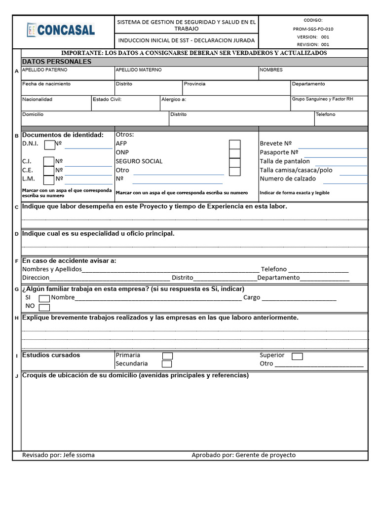 Concasal-FO-001 Induccion Inicial de SST | PDF | Documento de identidad Concasal-FO-001 Induccion Inicial de SST | PDF | Documento de identidad