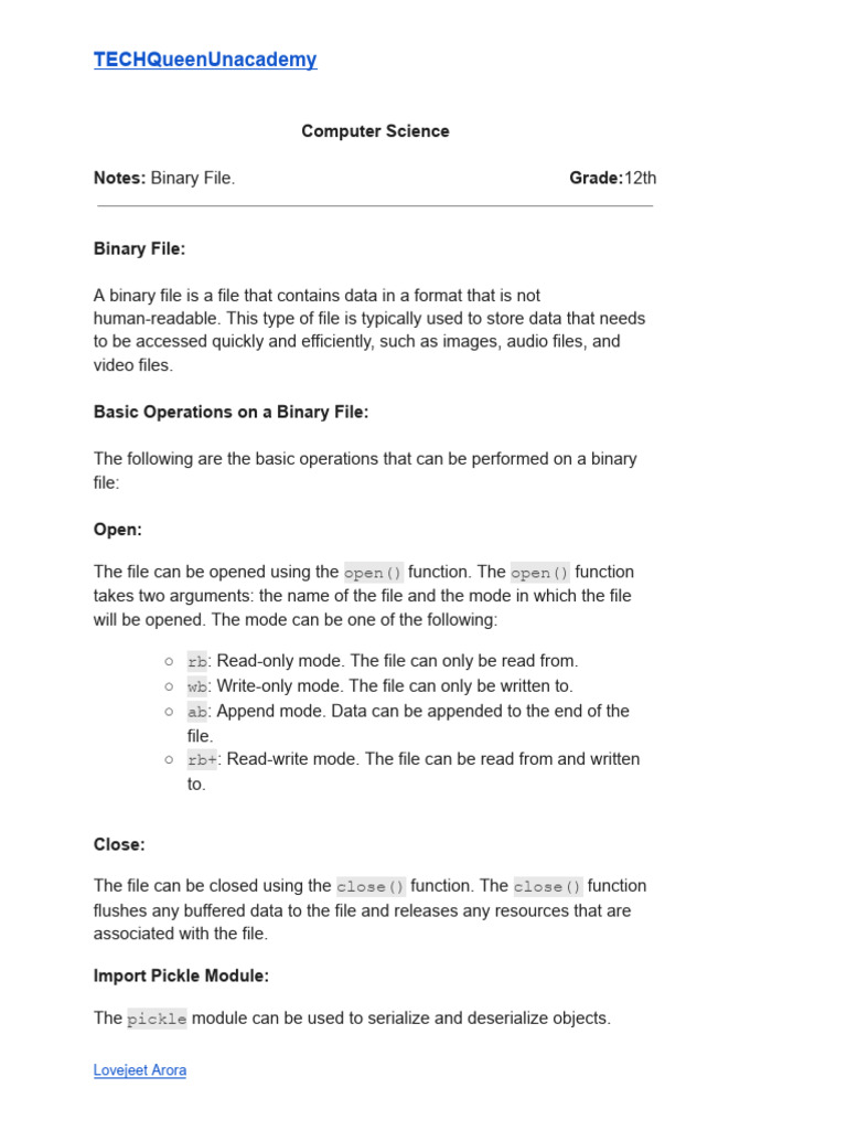 Binary File Notes File Handling Pdf Computer File Operating System Technology 