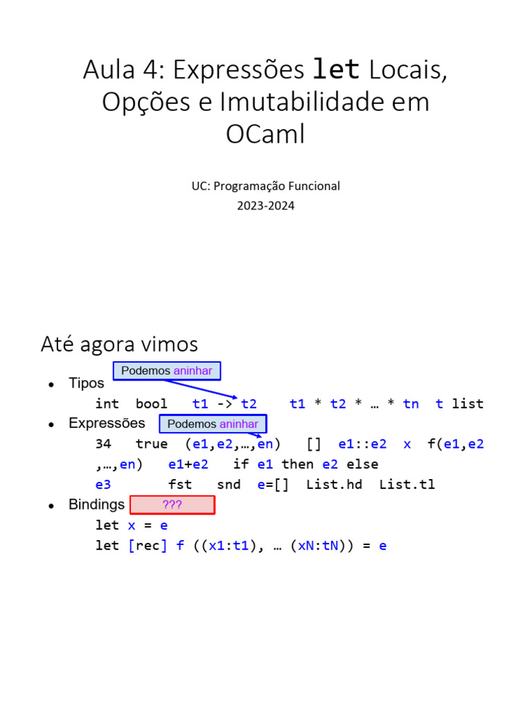 Aula4 - Expressões Let Locais, Opções e Imutabilidade em OCaml | PDF ...