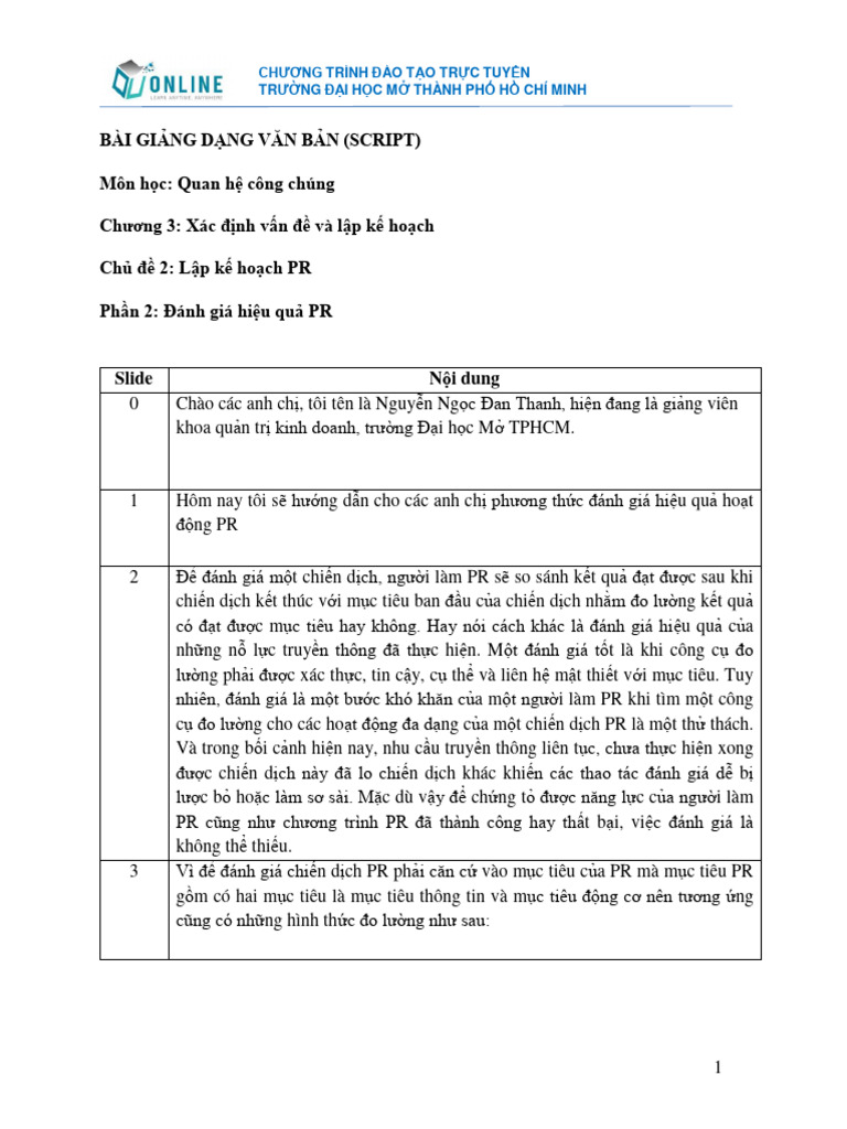 Bài Giảng Dạng Văn Bản (Script) Môn học: Quan hệ công chúng Chương 3: Xác định vấn đề và lập kế ...