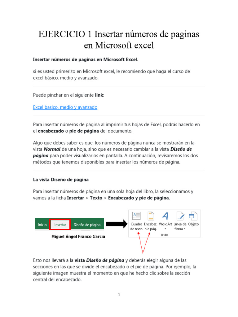 EJERCICIO 1 Insertar Números de Paginas en Microsoft Excel | Descargar gratis PDF | Ventana ...
