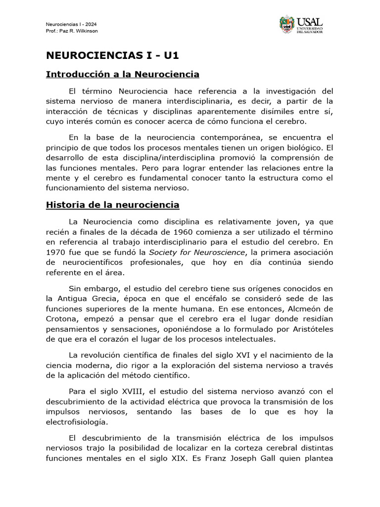 Introducción A La Neurociencia - U1 | PDF | Neurociencia | Cerebro