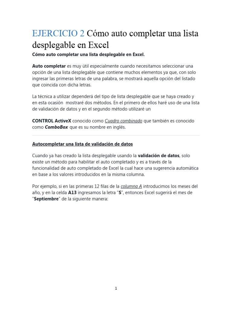 EJERCICIO 2 Cómo Auto Completar Una Lista Desplegable en Excel | Descargar gratis PDF ...