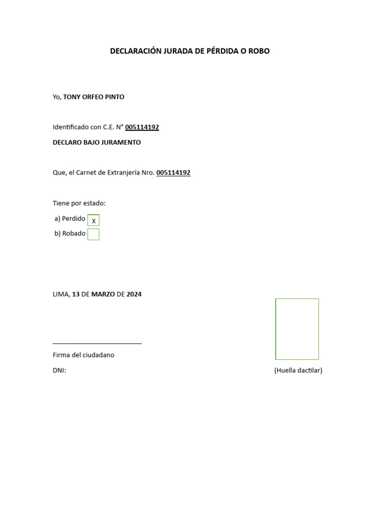 Declaración Jurada de Pérdida o Robo | PDF