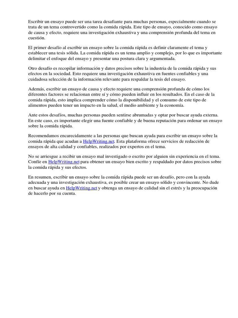 El Desafío de Escribir Un Ensayo Sobre La Comida Rápida | PDF ...