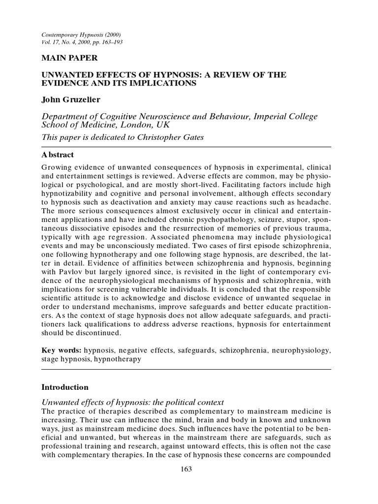 Unwanted Effects of Hypnosis A Review of | PDF | Hypnosis | Psychology