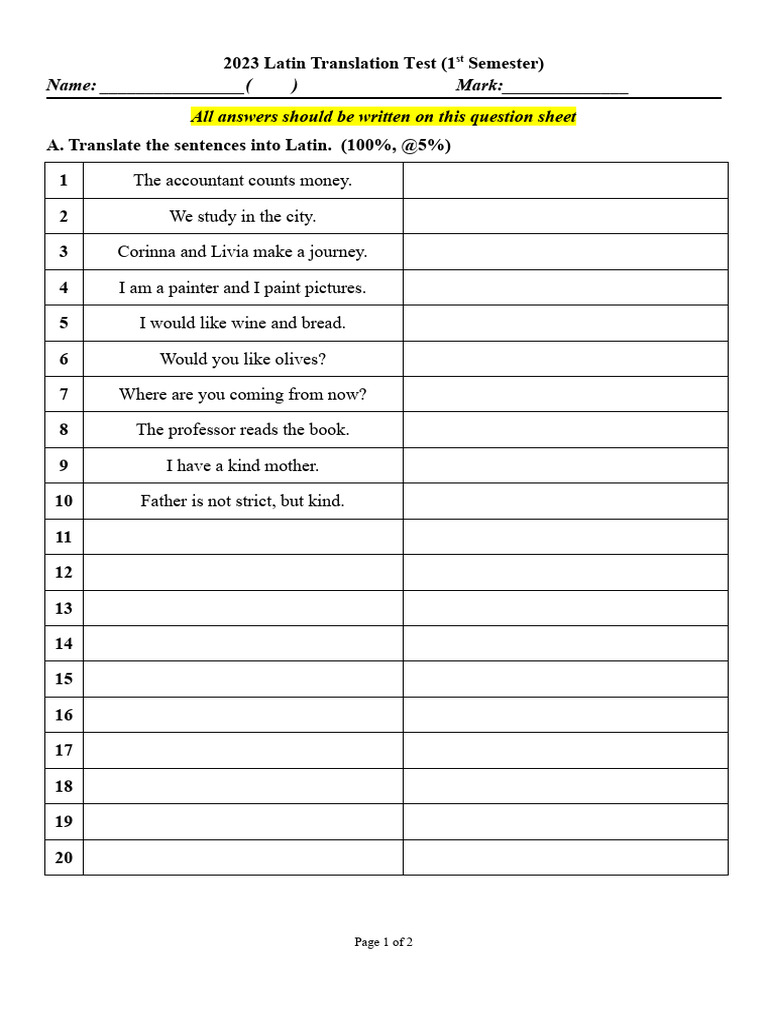 Latin Test 1st Term Pdf