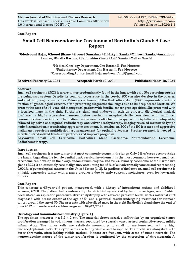 Small Cell Neuroendocrine Carcinoma of Bartholin's Gland: A Case Report ...